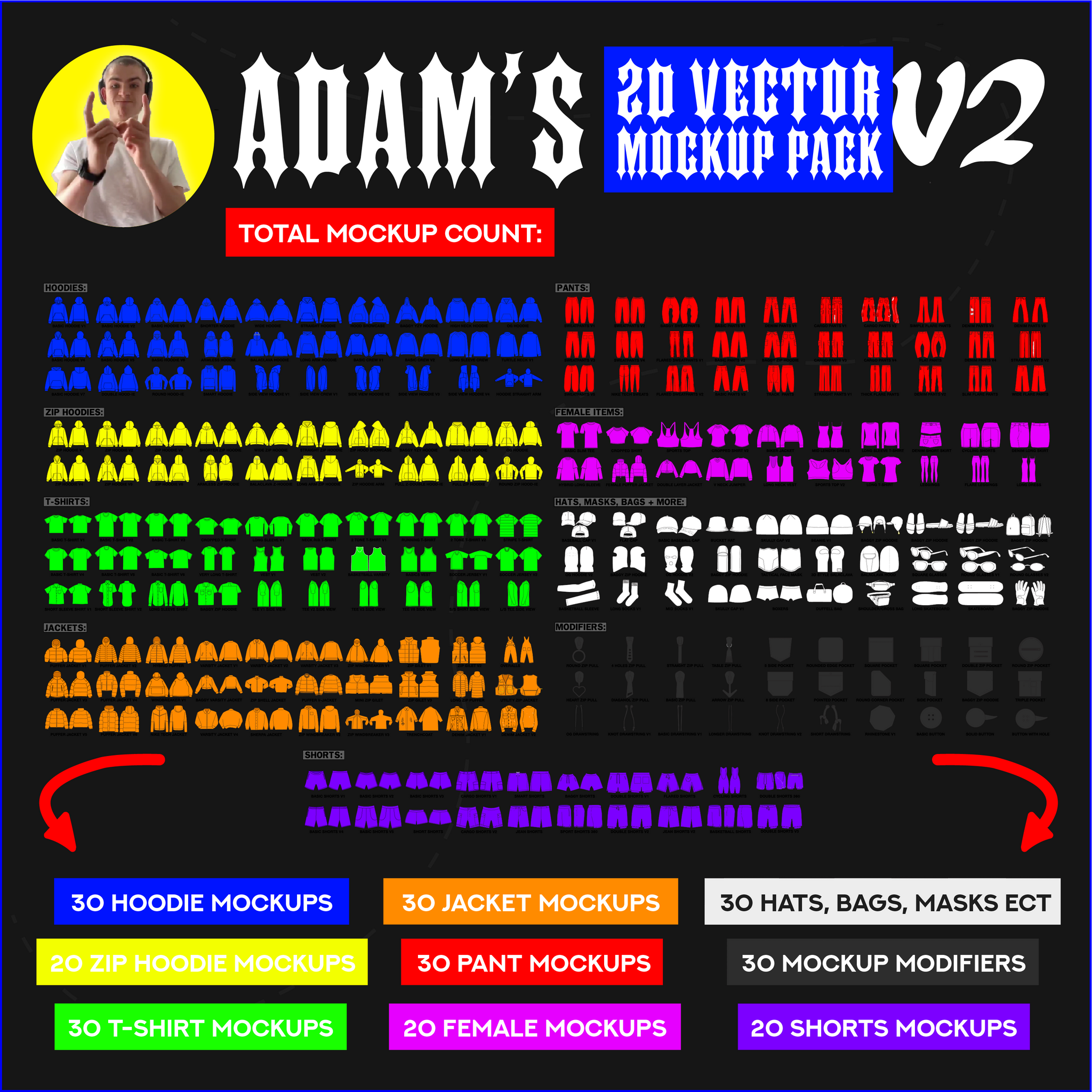 ADAM'S 230+ ITEM CUSTOMISABLE CLOTHING MOCKUP PACK V2 – Adam’s Mockups
